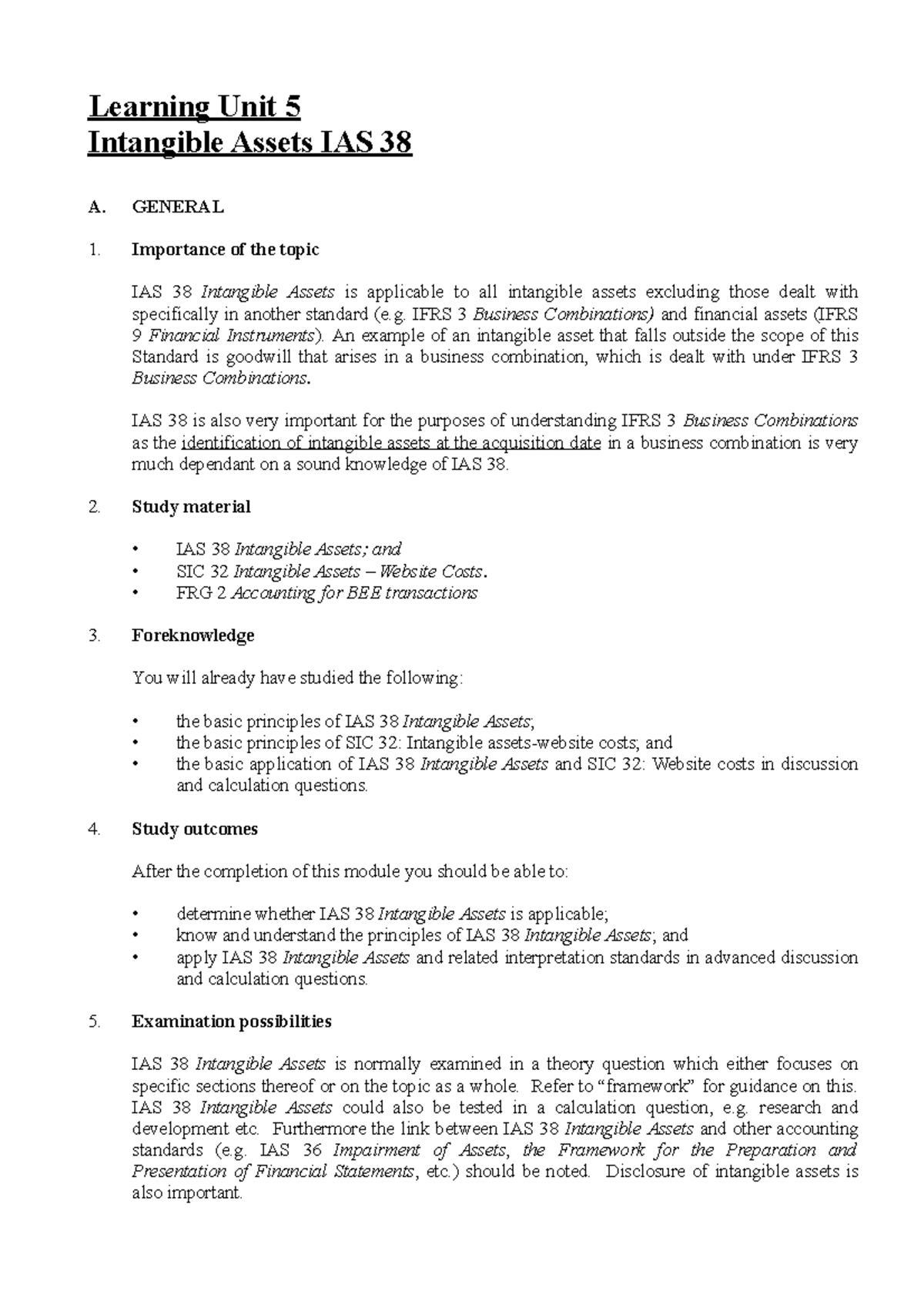 Learning Unit 5 Intangible Assets - GENERAL Importance of the topic IAS ...