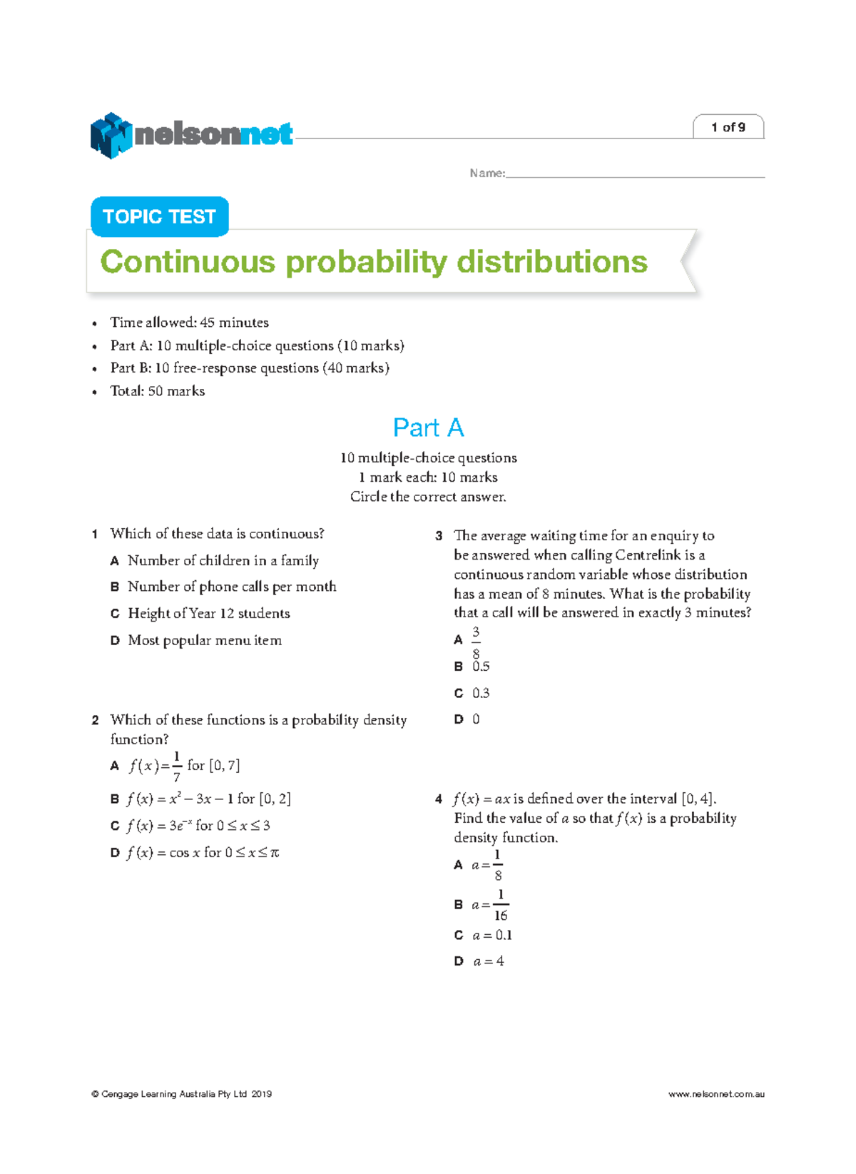 Ch 10 Continuous probability distributions topic test - Name ...