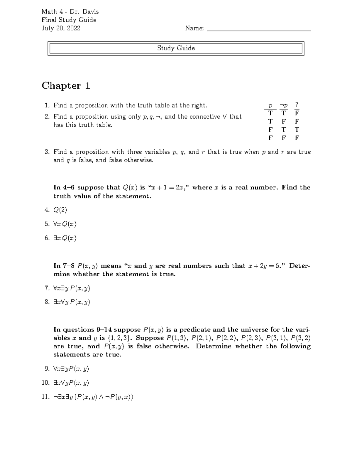 Math 4 Study Guide - Math 4 - Dr. Davis Final Study Guide July 20, 2022 ...