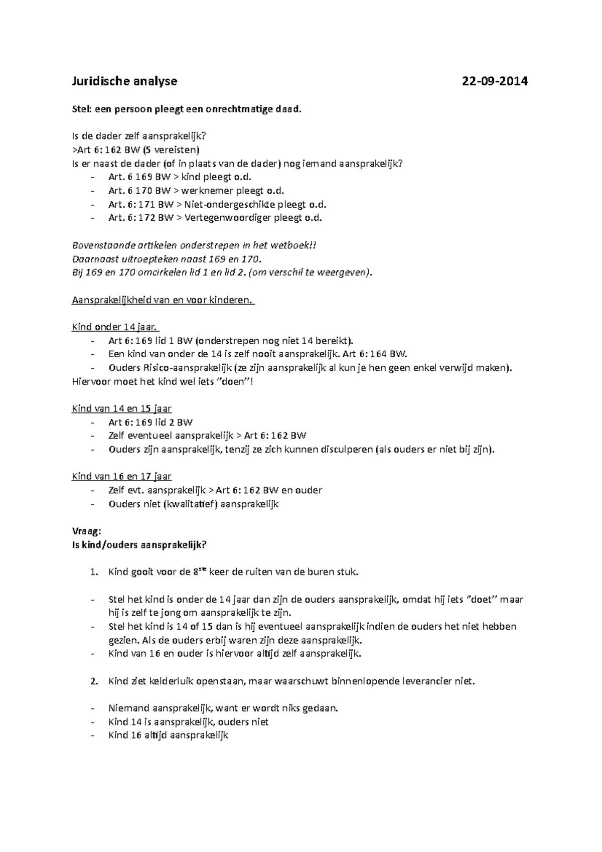 Juridische analyse aantekeningen college 1-7 - Juridische analyse 22-09 ...