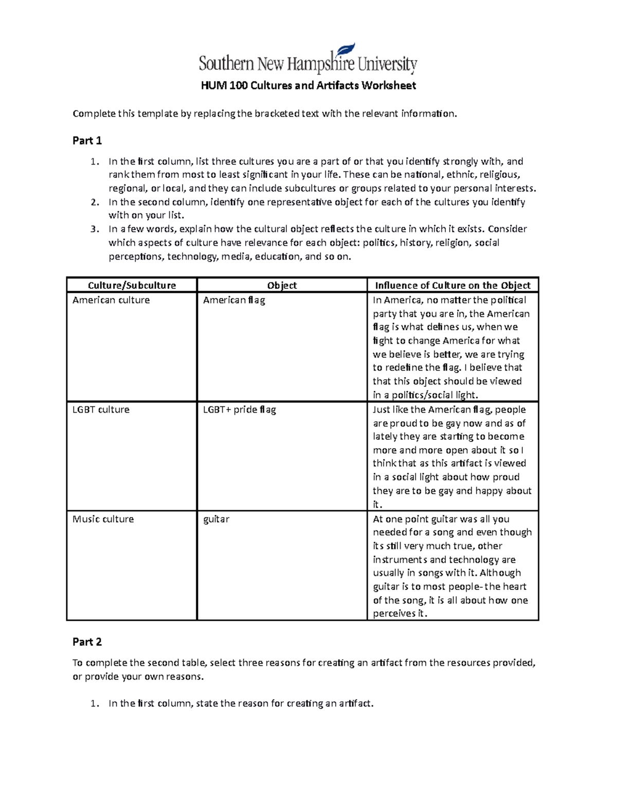 Cultures and Artifacts Worksheet redo - HUM 100 Cultures and Artifacts ...