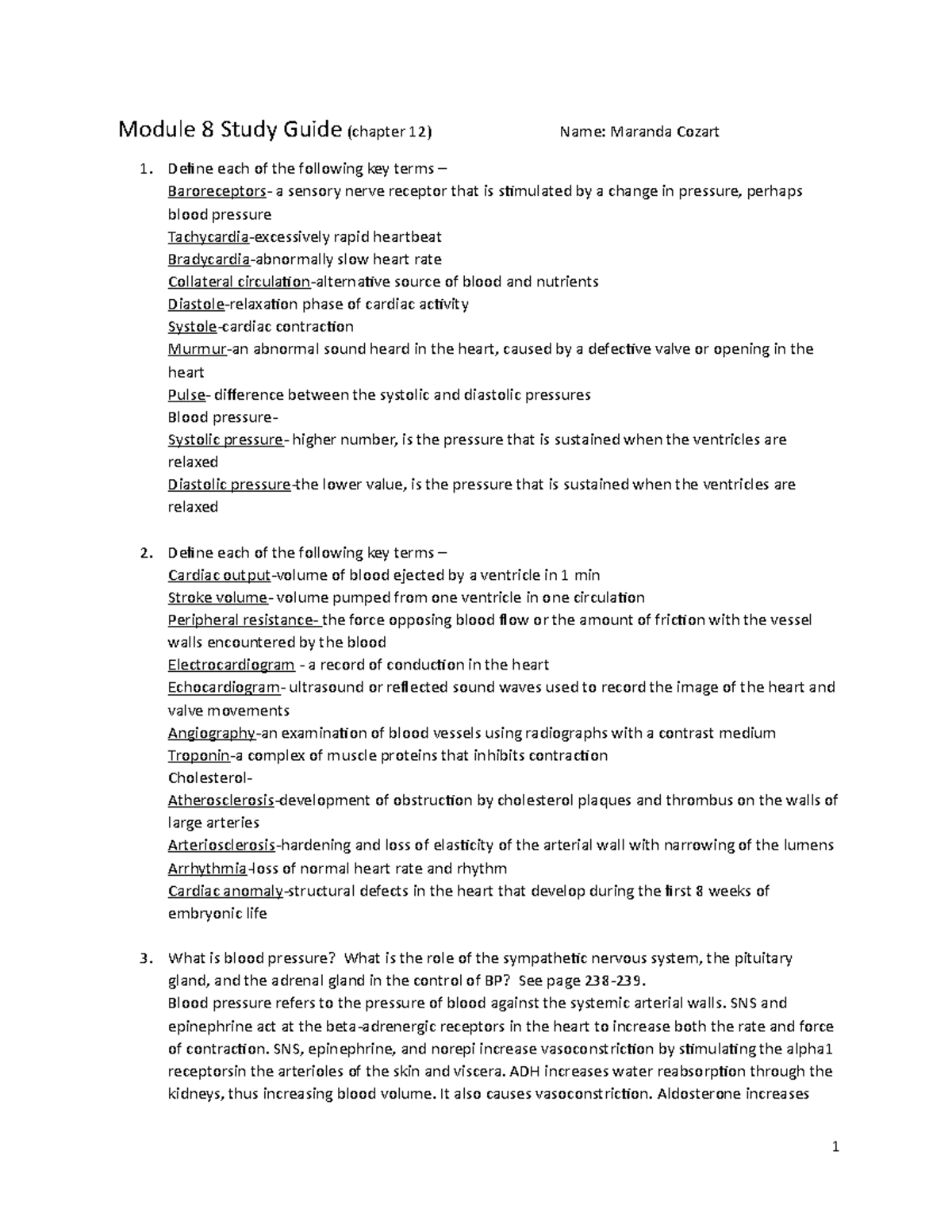 Patho Module 8 SG - study guide - Module 8 Study Guide (chapter 12) Name: Maranda Cozart Define ...
