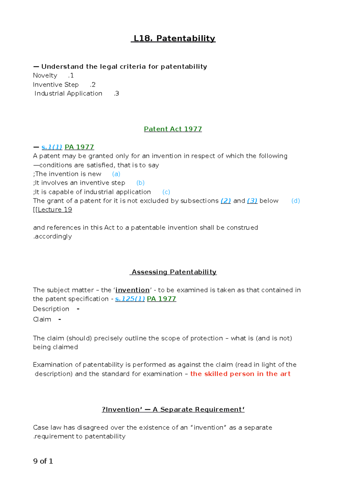 L18. Patentability - Lecture notes 18 - L18. Patentability — Understand ...
