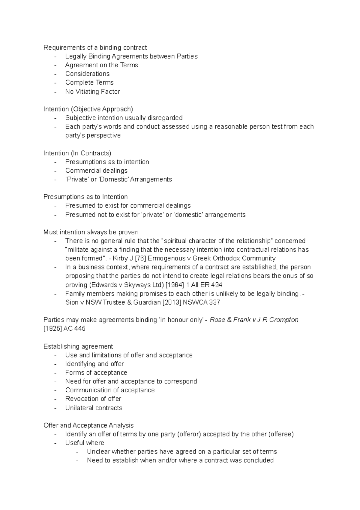 Contracts Law - Lecture Notes - Requirements of a binding contract ...