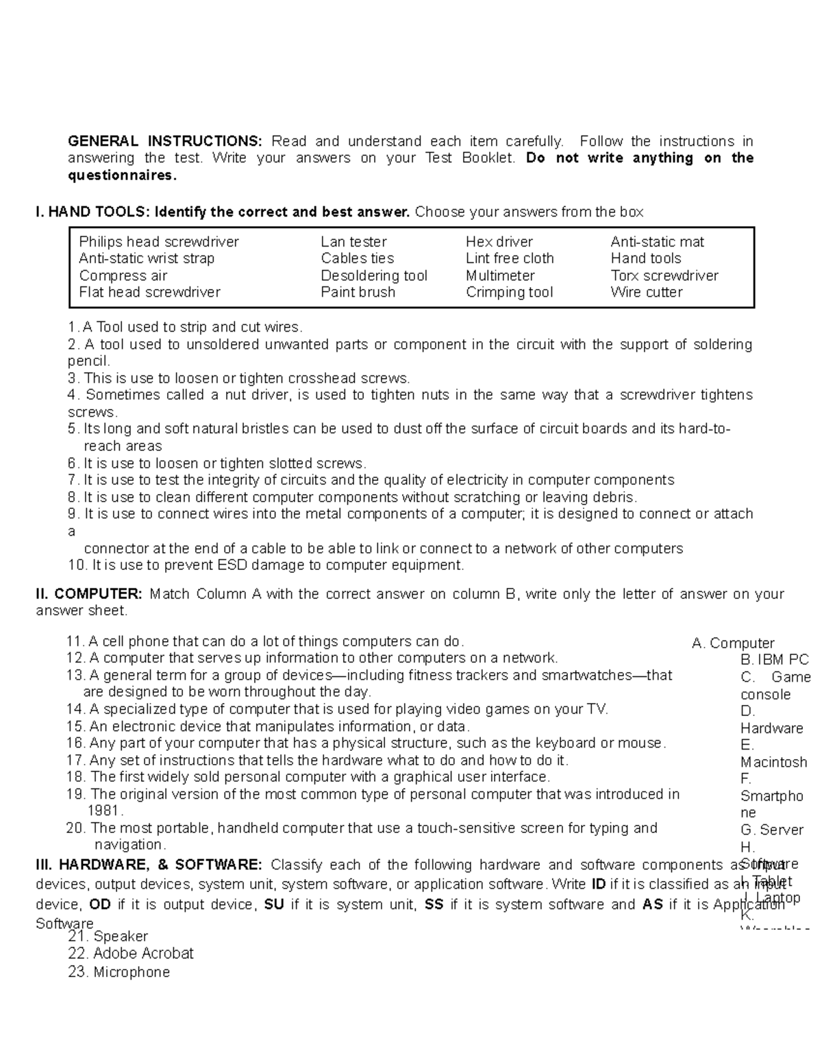 TLE-Q1- Assessment - more on identifying - GENERAL INSTRUCTIONS: Read ...