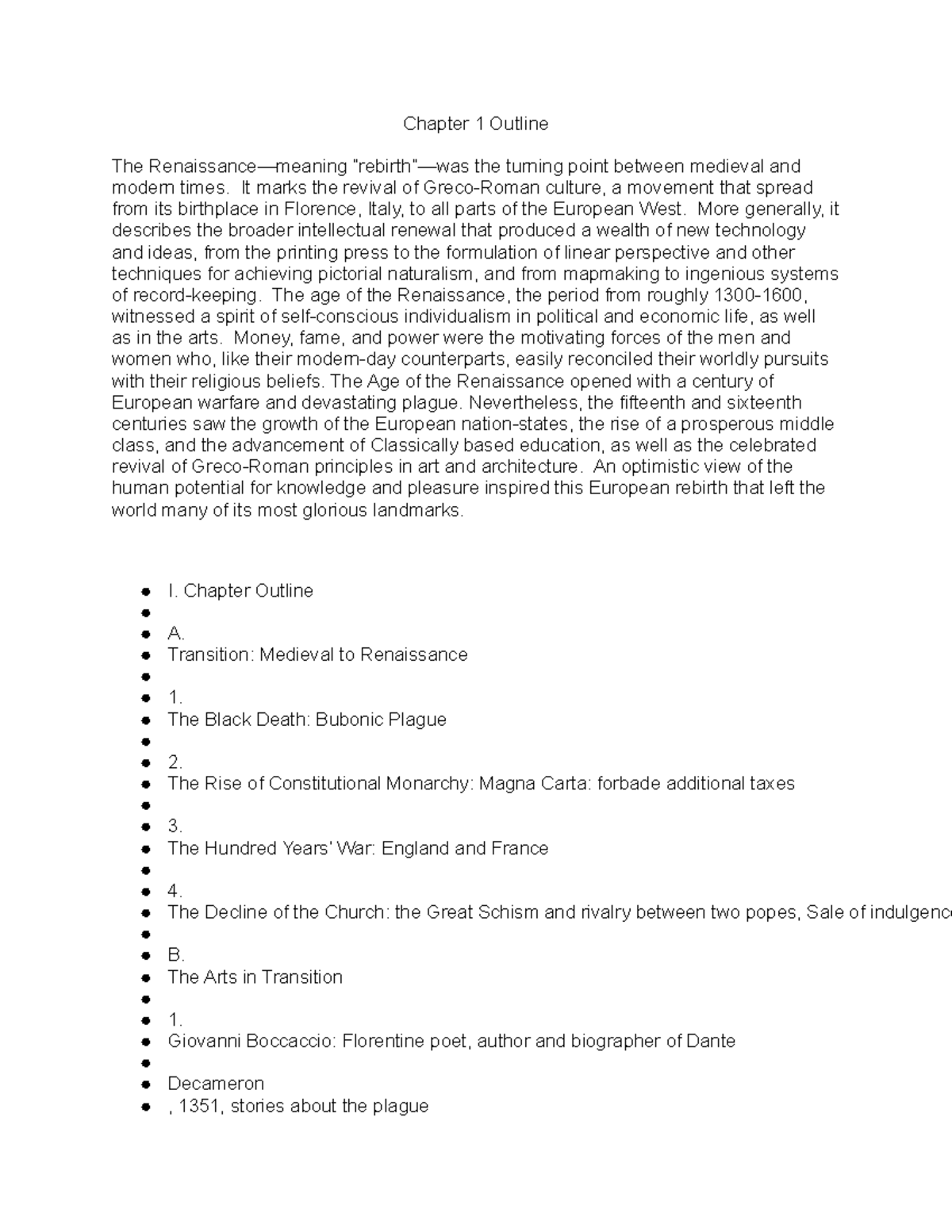 Chapter 7 Part 1 - renaissance culture review - Chapter 1 Outline The ...