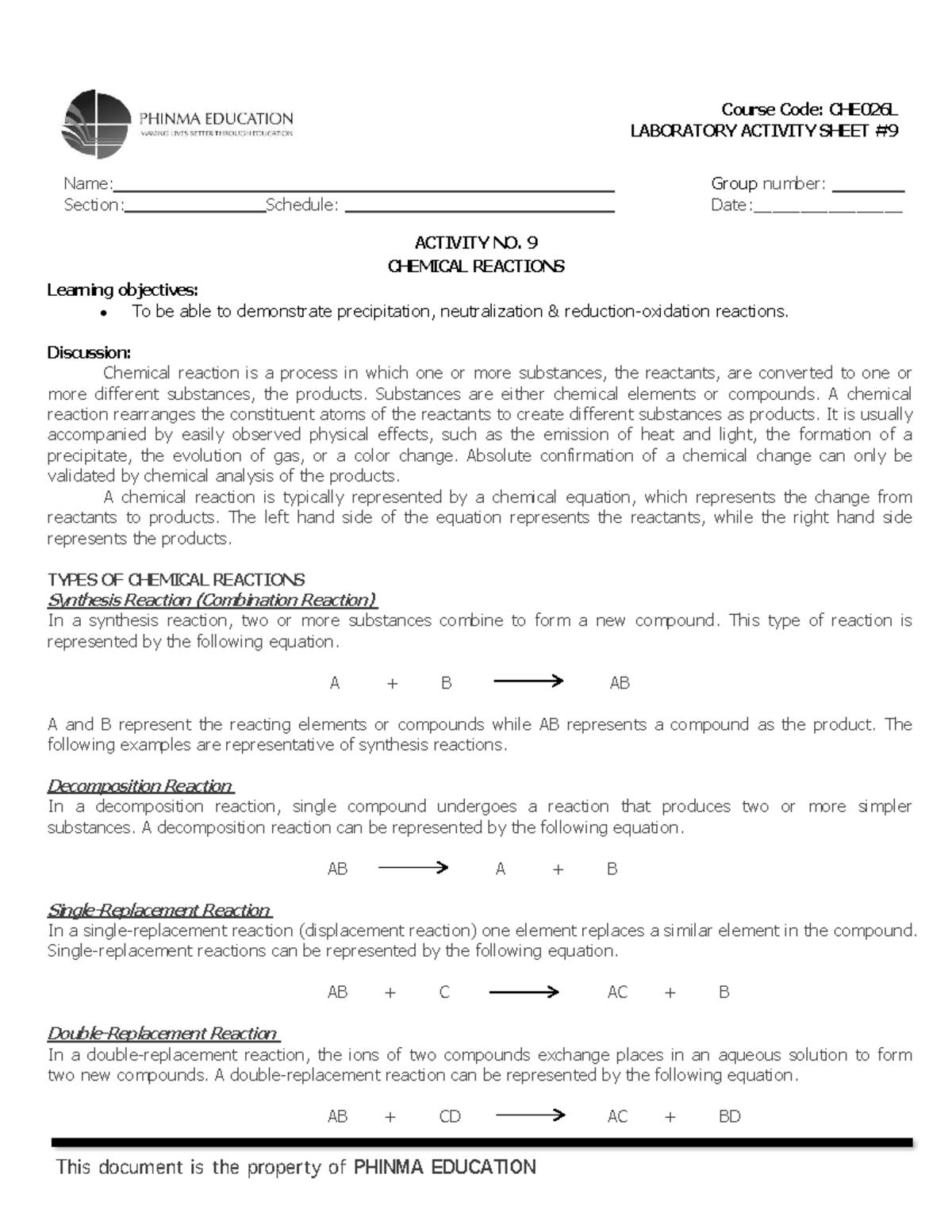CHE 026L LAS 9- Chemical Reactions - LABORATORY ACTIVITY SHEET # 9 Name ...