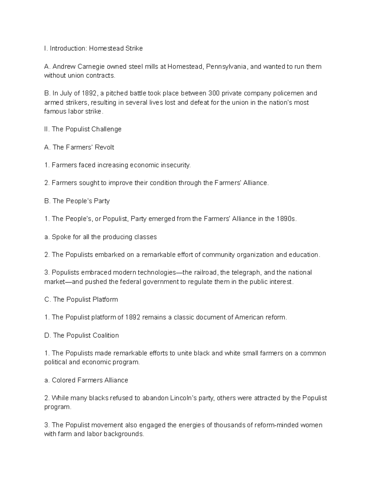 Ch 17 Outline - History 1302- Garner - I. Introduction: Homestead ...