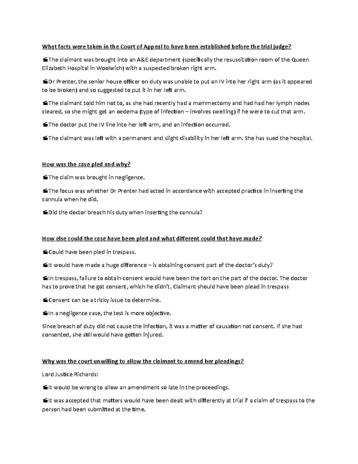 Tort Tutorial 1 - What facts were taken in the Court of Appeal to have ...