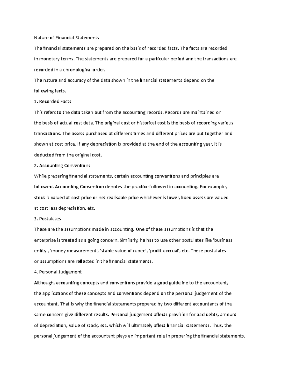 Nature of financial statement and limitations of financial statement ...