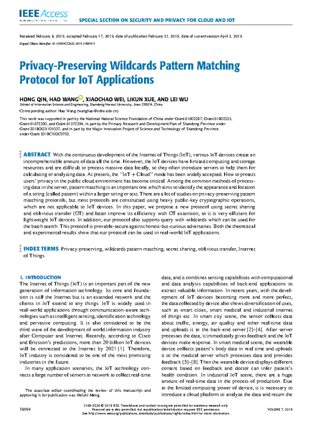 Privacy-Preserving Wildcards Pattern Matching Protocol for Io T Applications - SPECIAL SECTION ...