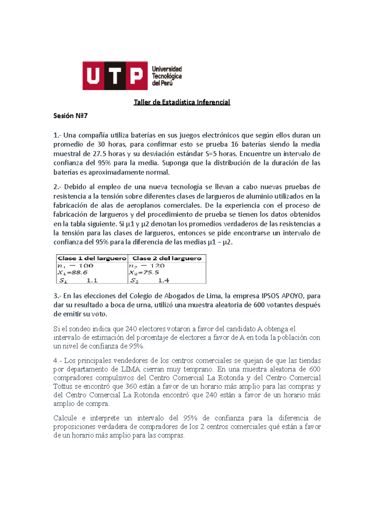 S04.s1Taller Nª1 Ejercicios de Distribucion Muestral e IC - Taller de Estadística Inferencial ...