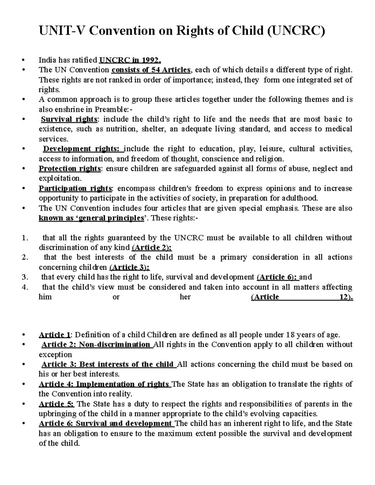 Conventions under human rights - UNIT-V Convention on Rights of Child ...