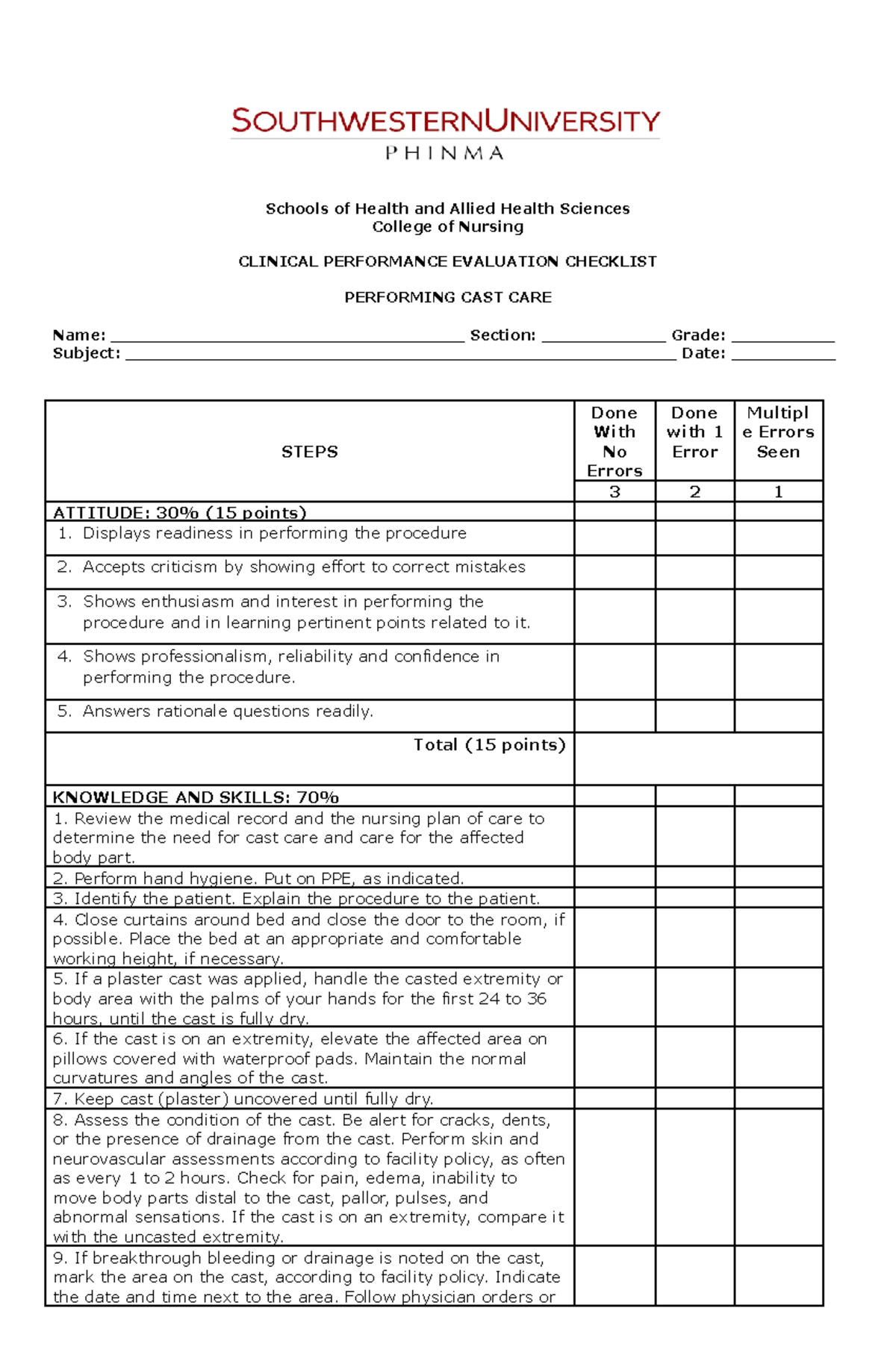 CAST-CARE- Checklist 2 - Schools of Health and Allied Health Sciences ...