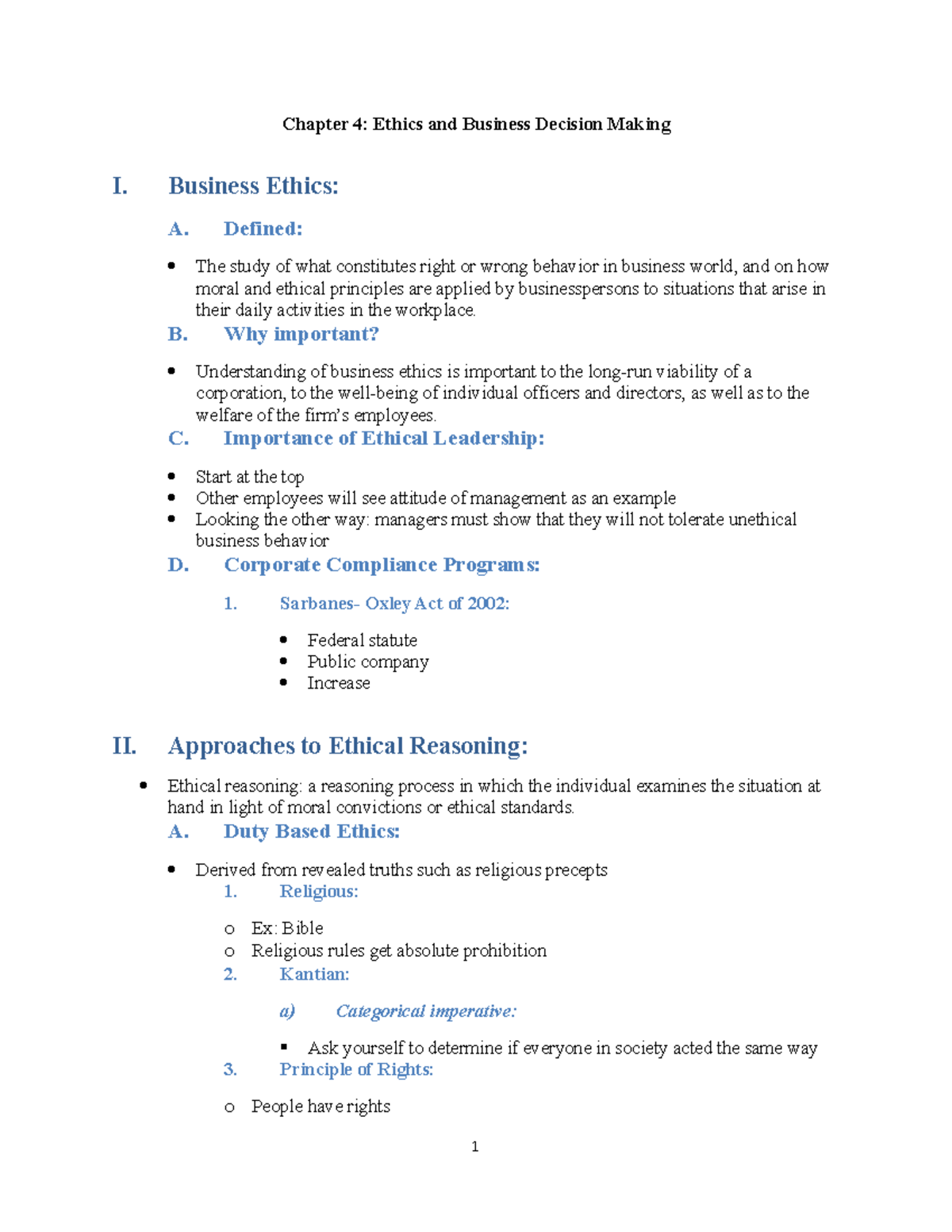 Chapter 4 - Chapter 4: Ethics and Business Decision Making I. Business ...