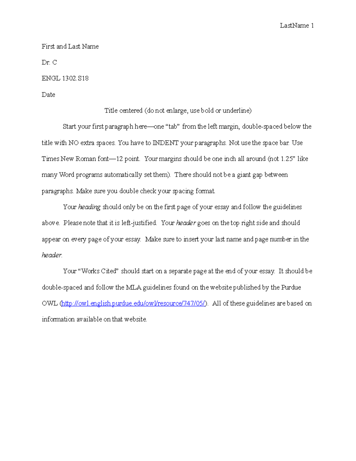 MLA Model-2 - Detailed MLA format - LastName 1 First and Last Name Dr ...