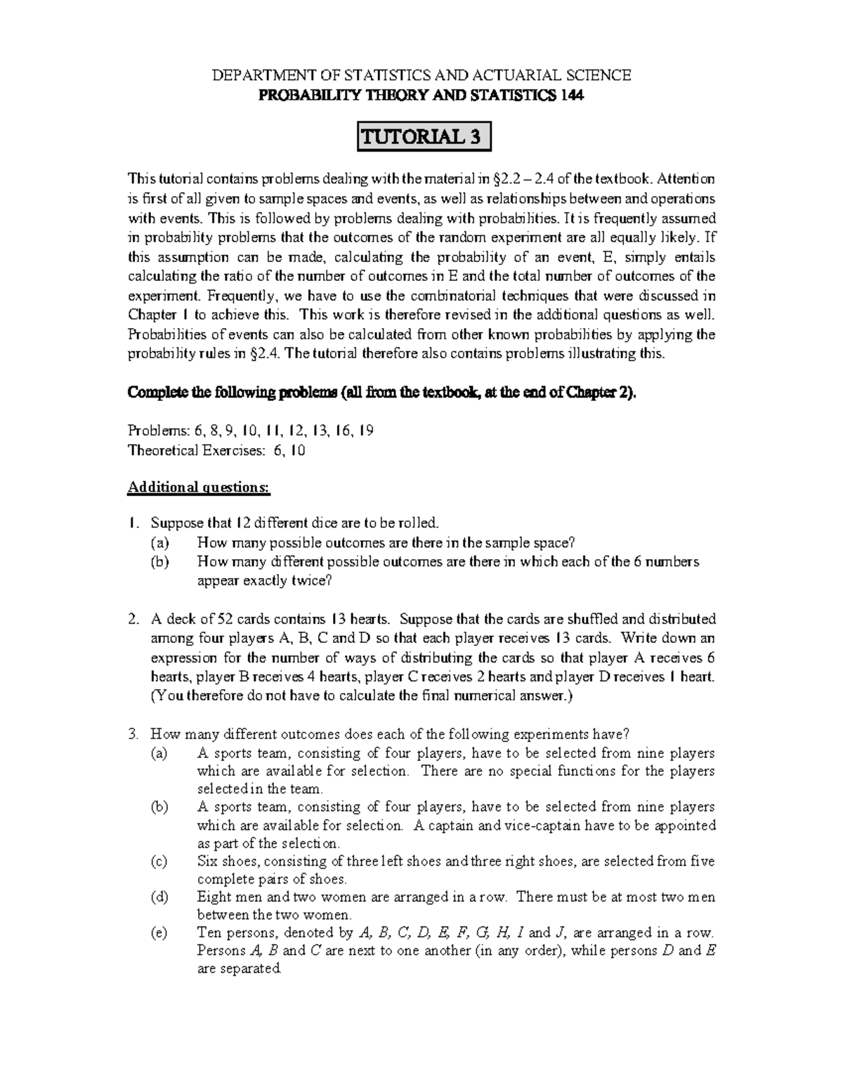 Tutorial 3 - Axioms of Probability exercises - DEPARTMENT OF STATISTICS ...