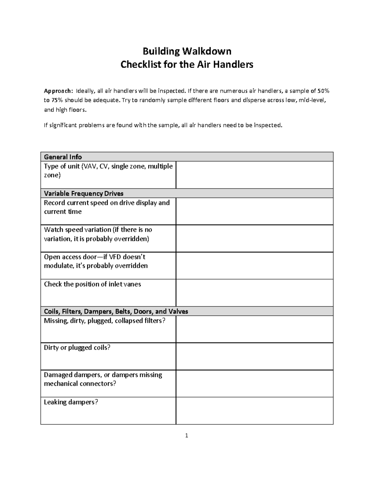 Checklist-walkdown-airhandler - 1 Building Walkdown Checklist for the ...