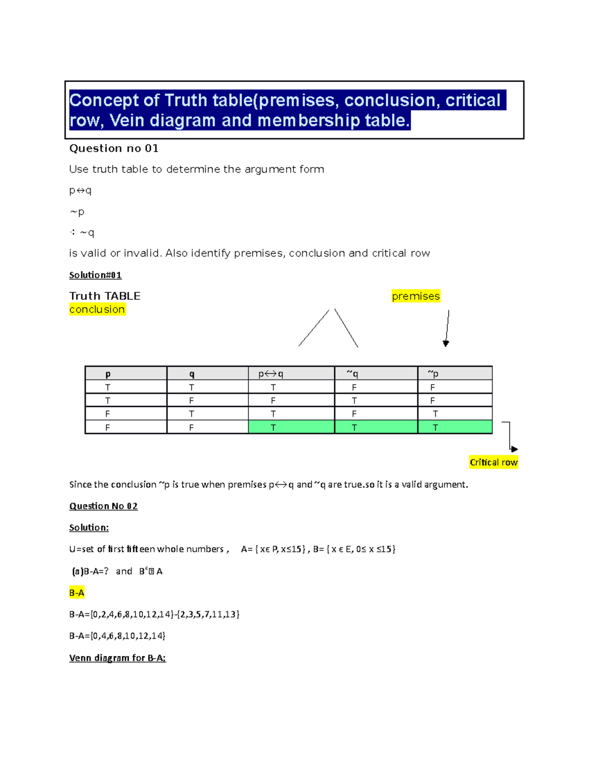 Concept of Vein diagram , Truth Table(premises , critical row ...