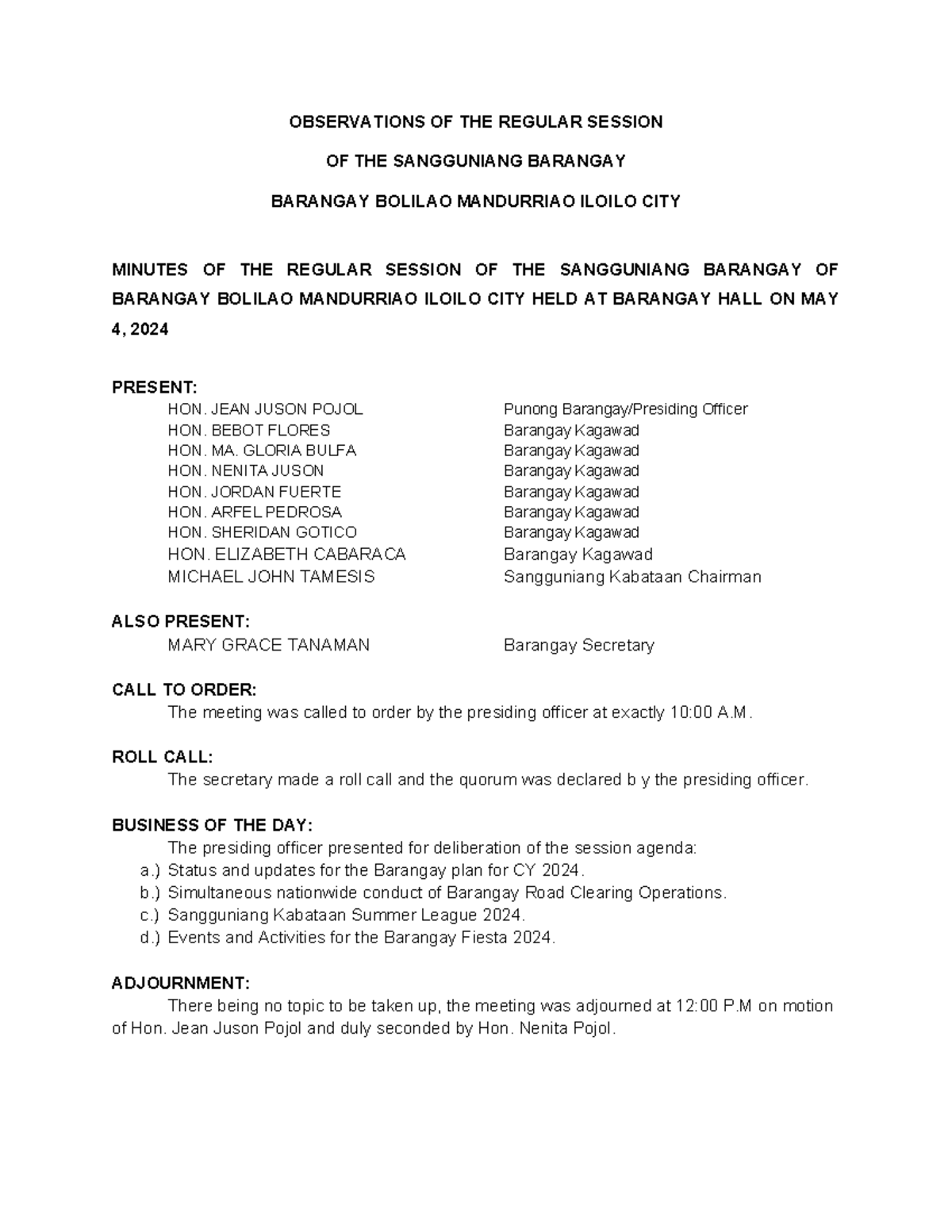 Session - OBSERVATIONS OF THE REGULAR SESSION OF THE SANGGUNIANG ...