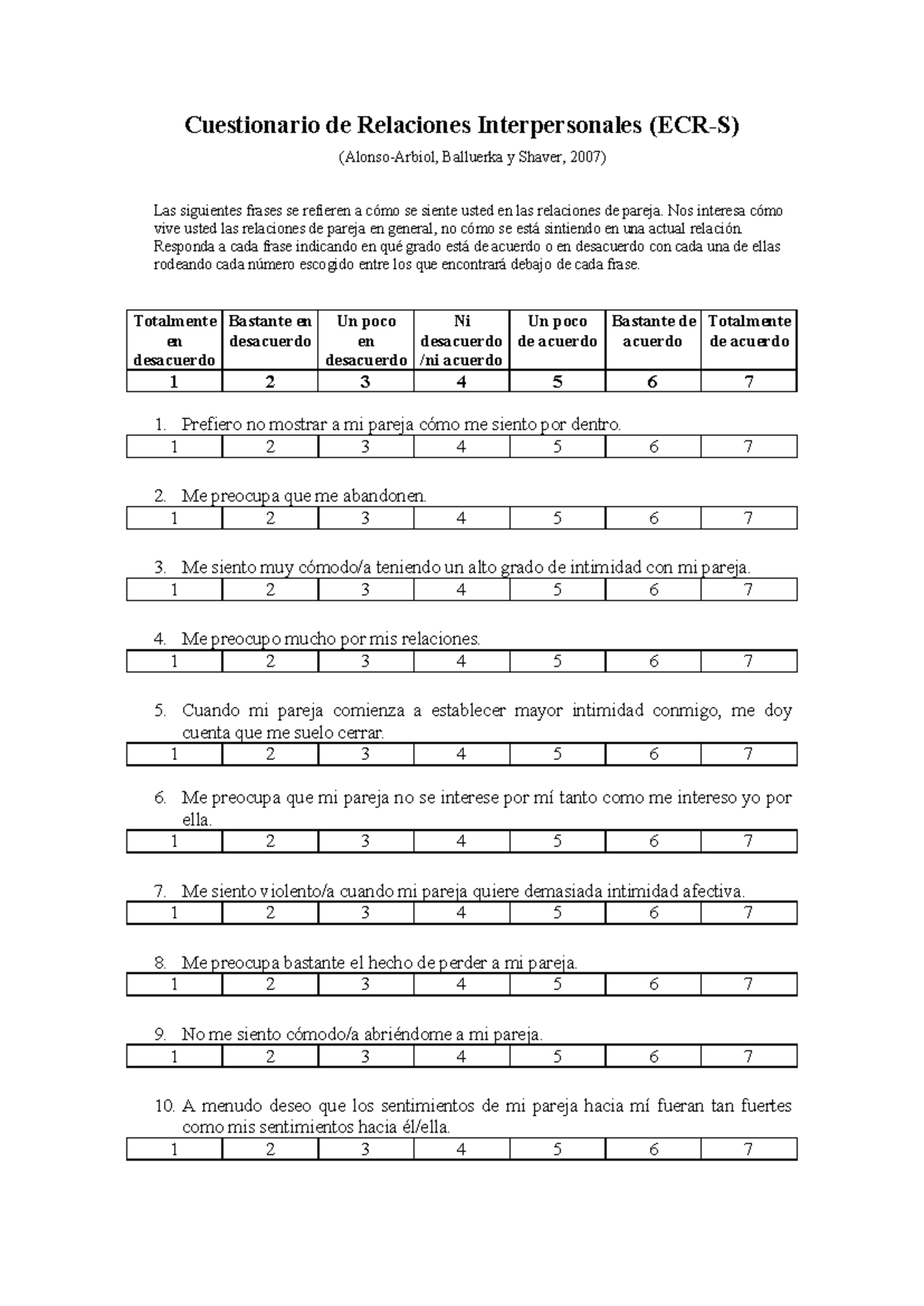 Cuestionario de Relaciones Interpersonales (ECR-S) - Cuestionario de Relaciones Interpersonales ...