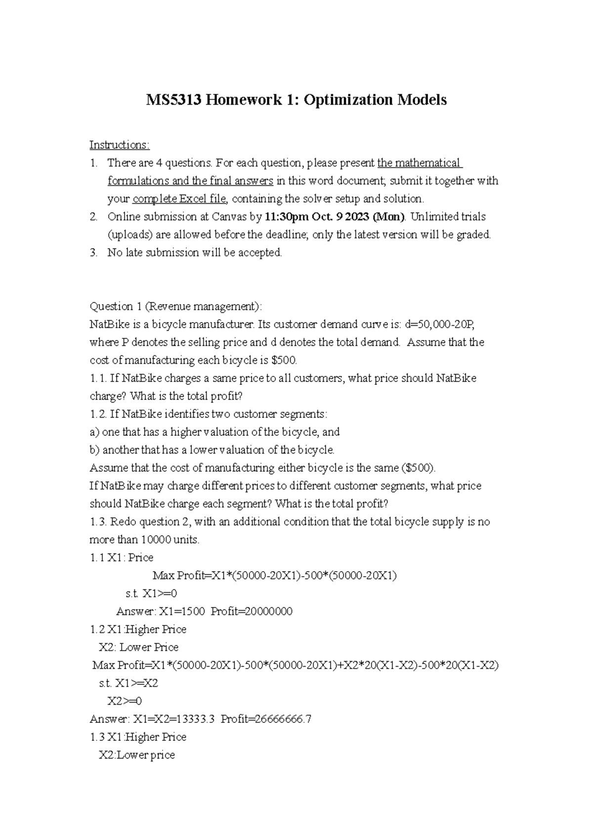 Homework 1 2023 - MS5313 Homework 1: Optimization Models Instructions: There are 4 questions ...
