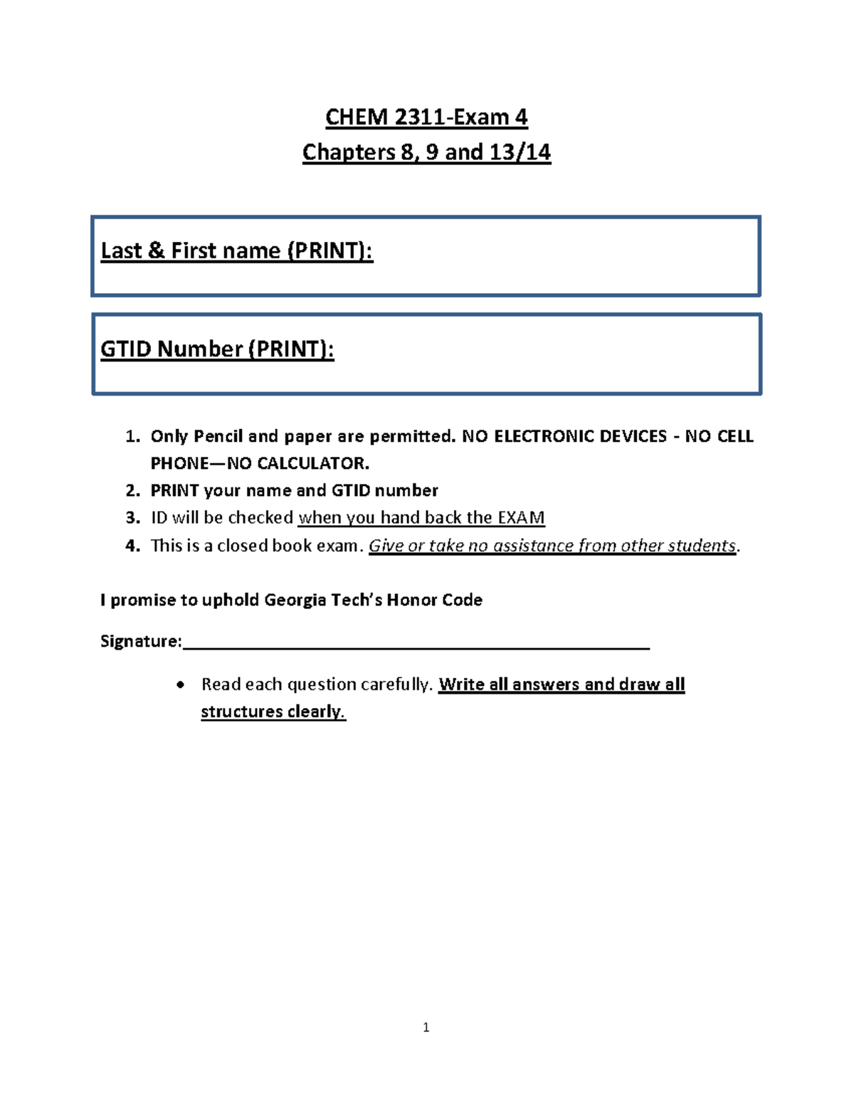 2023-Chem 2311-Exam-4-1 - CHEM 2311-Exam 4 Chapters 8 , 9 and 13/ 14 Last & First name (PRINT ...