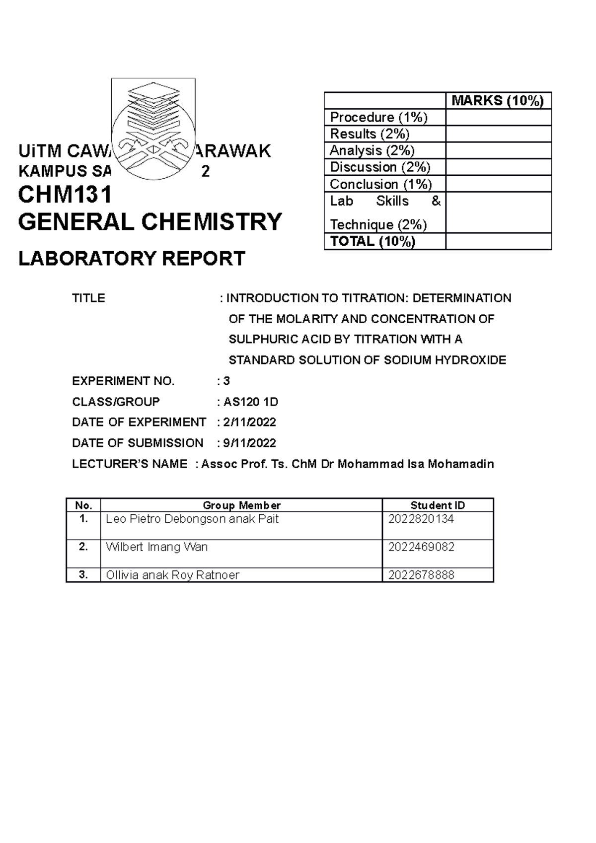 Chem 131 lab report titration - MARKS (10%) Procedure (1%) Results (2% ...