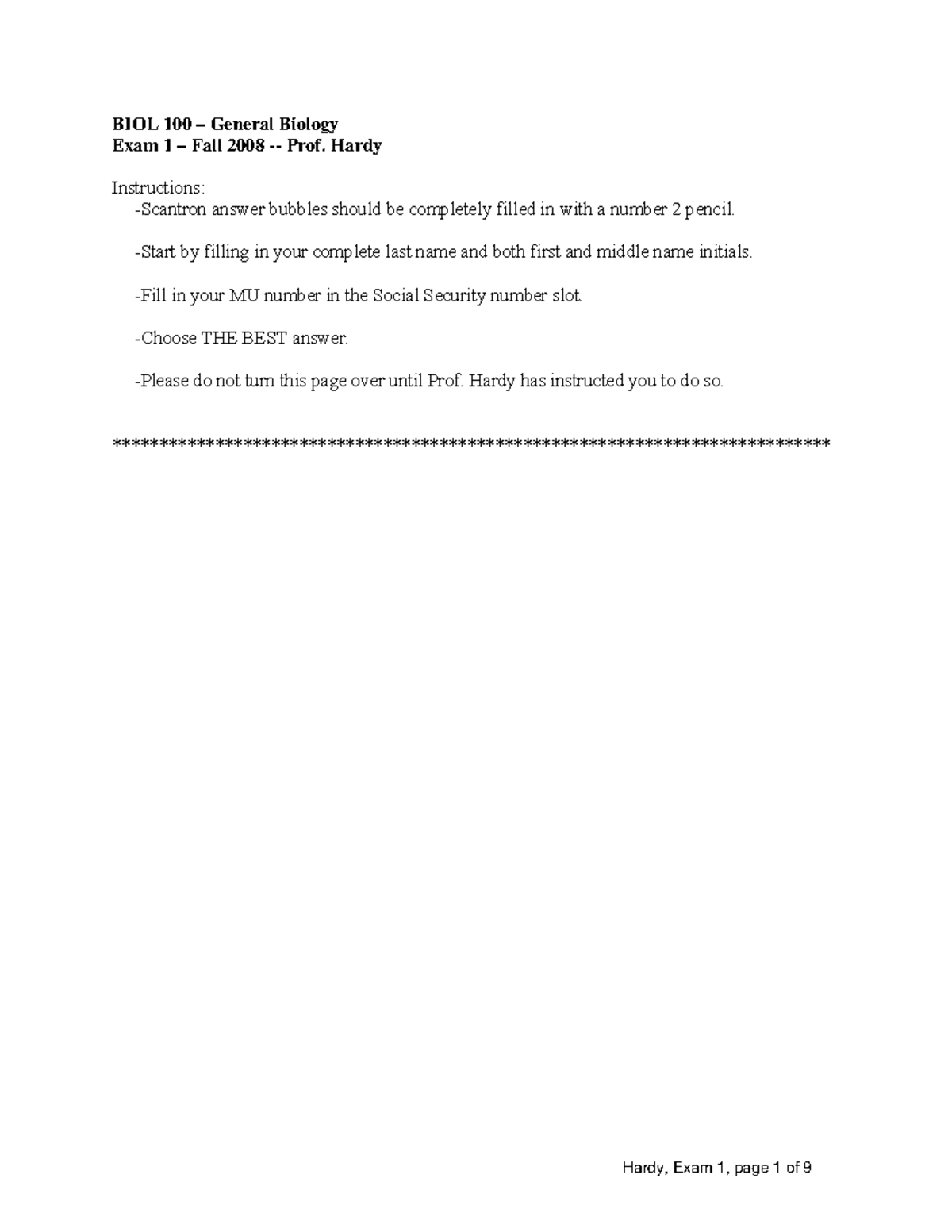 BCC Biology Exam01 Excellent - BIOL 100 – General Biology Exam 1 – Fall ...