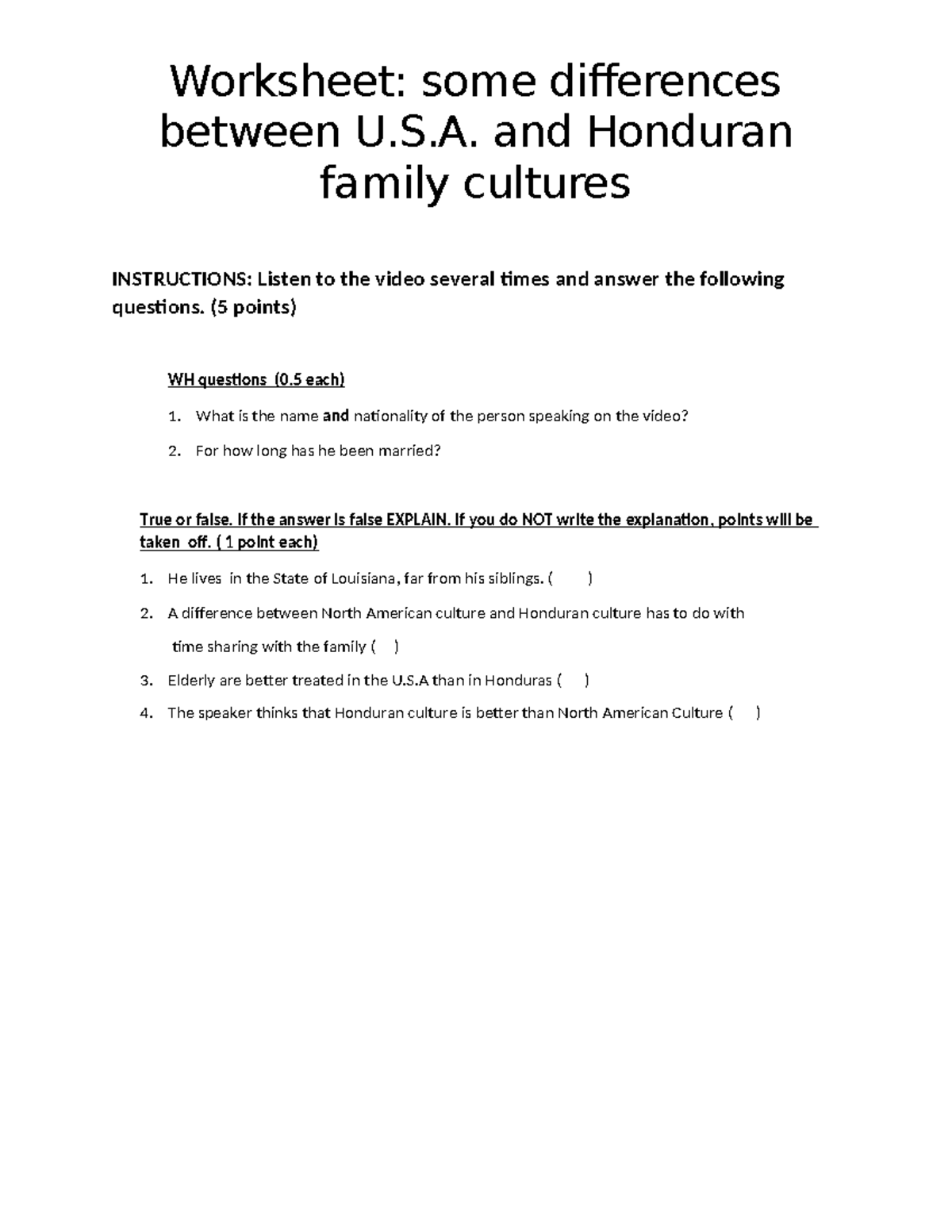 Worksheet some differences between North American and Honduran Cultures ...