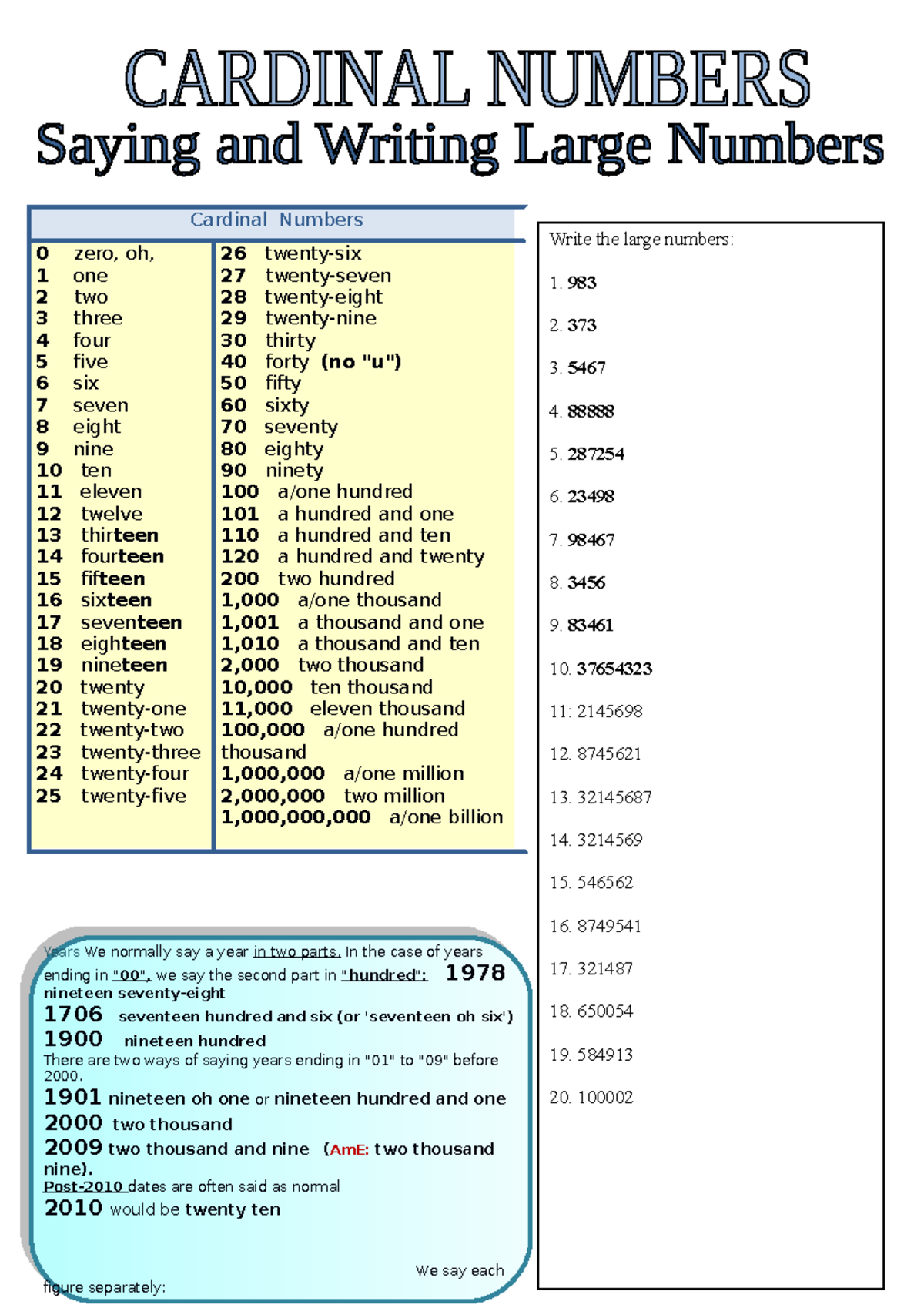 Large numbers - ... - Years We normally say a year in two parts. In the ...