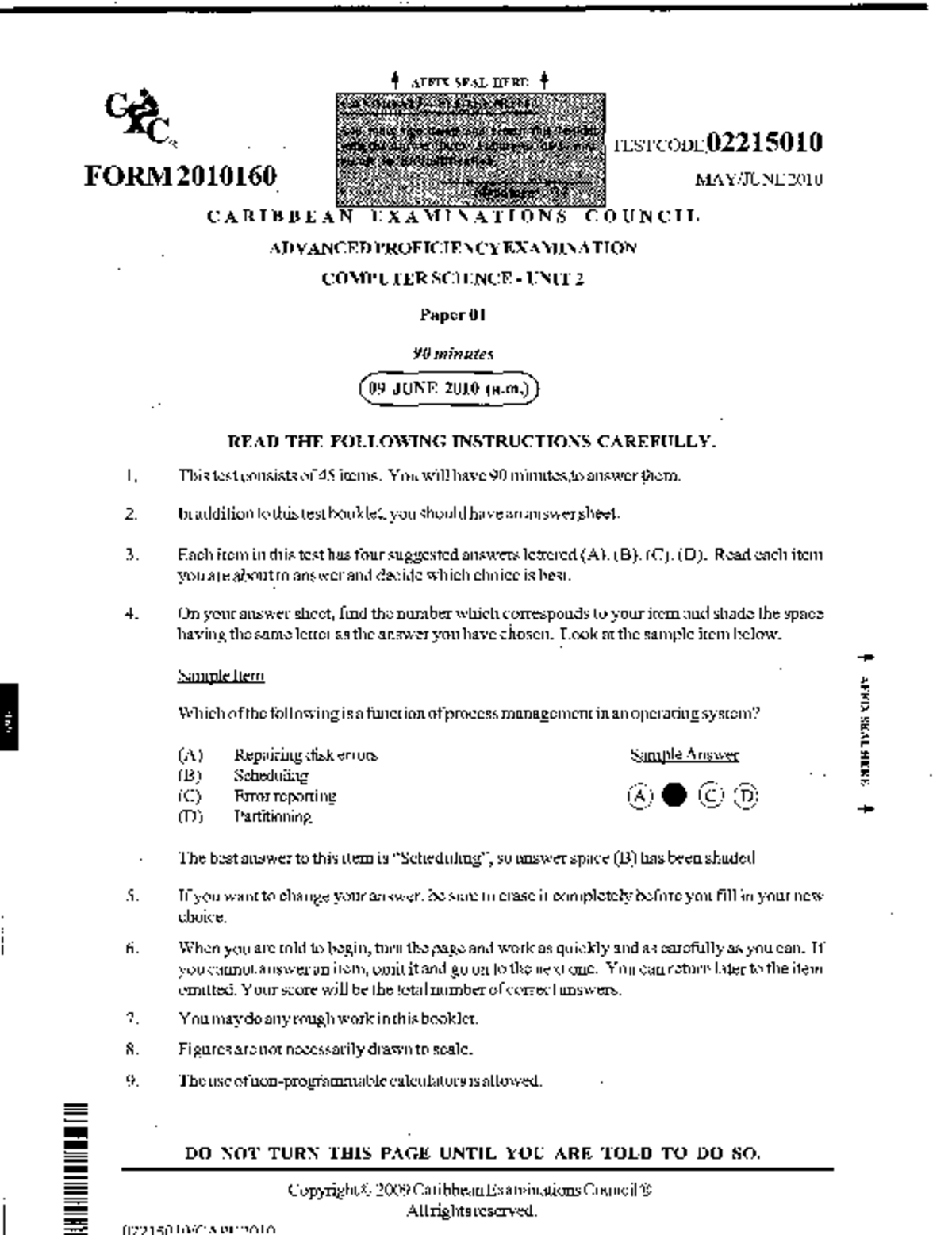 Comp Sci U2 P1 2010 - GAPE Computer Science Unit 2 Multiple Choice Paper Past for May/June 2010 ...