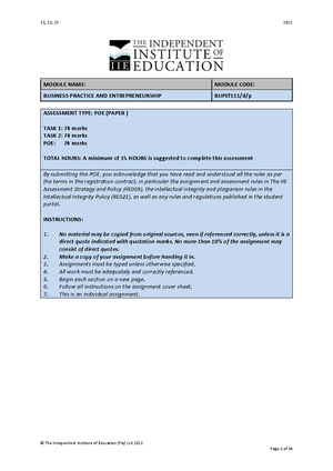 CONB6211T1a THT2 S1 - past paper - © The Independent Institute of ...
