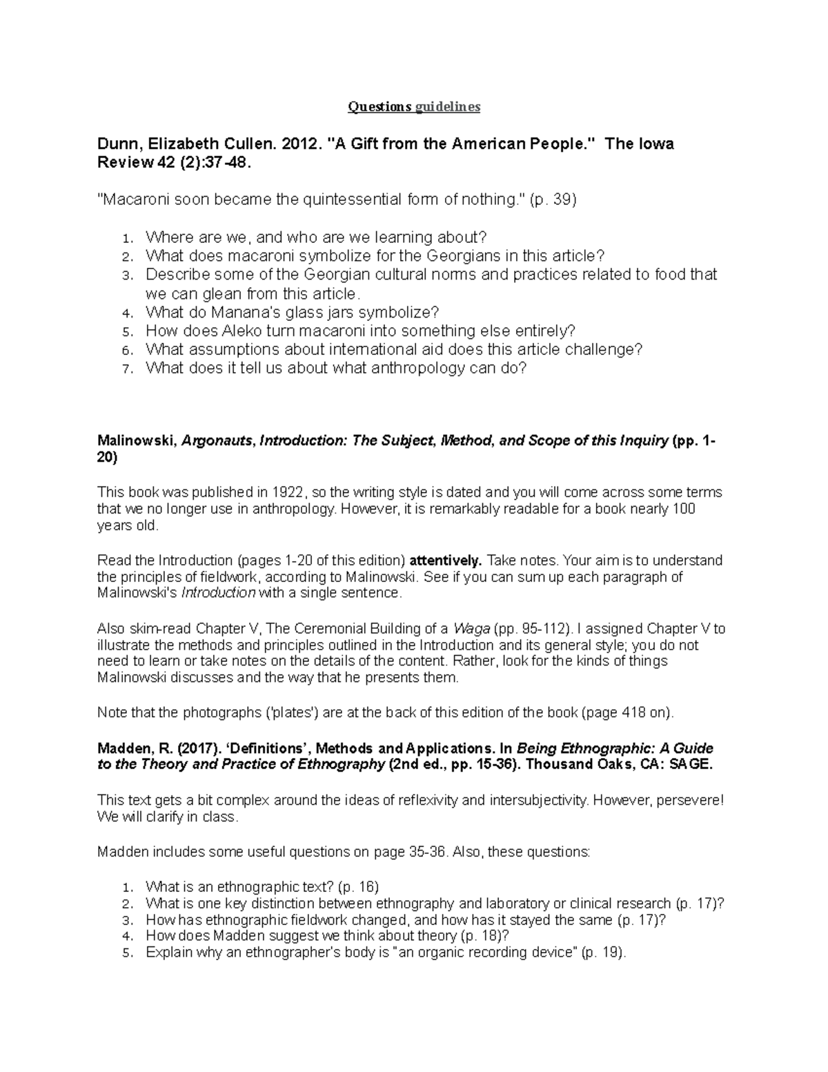 Questions guidelines - Questions guidelines Dunn, Elizabeth Cullen ...