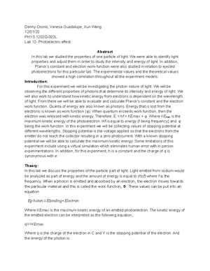 Group 1 electrostatic activity - Physics 1202 Lab 1 9/16/ Alexander Ojide, Benjamin Archer ...