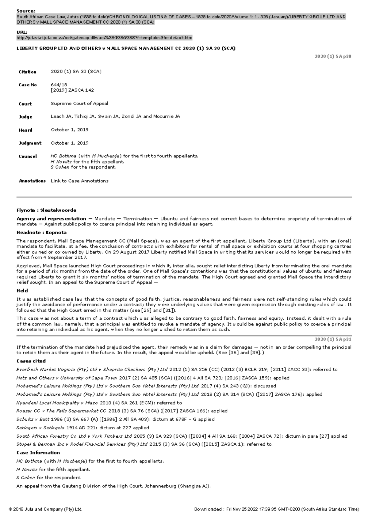 Liberty Group LTD AND Others v MALL Space Management CC 2020 (1) SA 30 ...