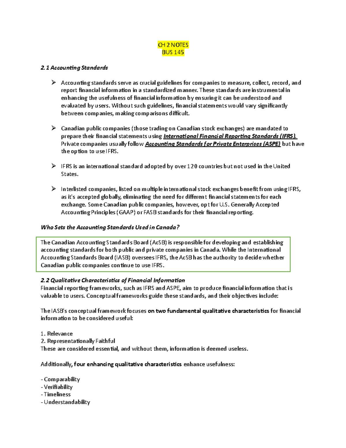 CH 2 - ch 2 notes - CH 2 NOTES BUS 145 2 Accounting Standards ...