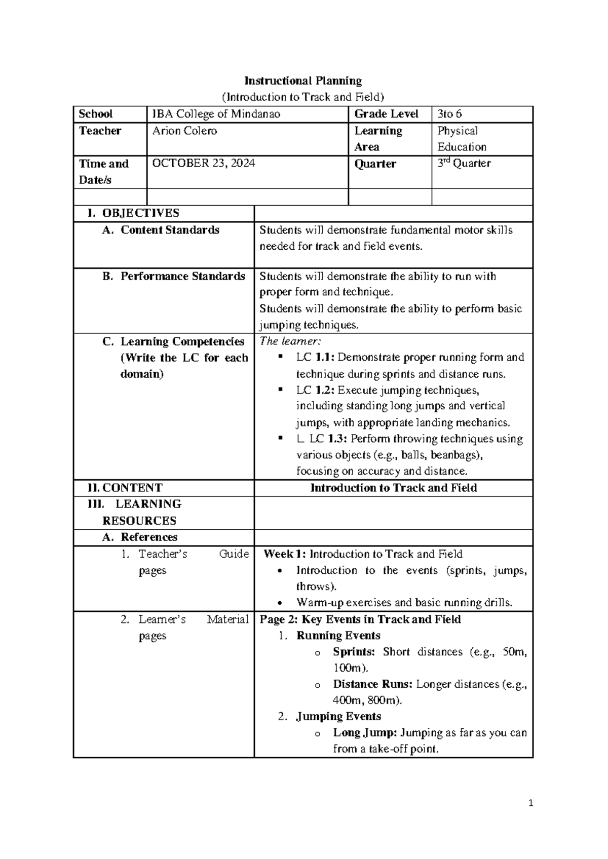 PE- Lessonplan 084139 - Lesson plan in PE - Instructional Planning ...