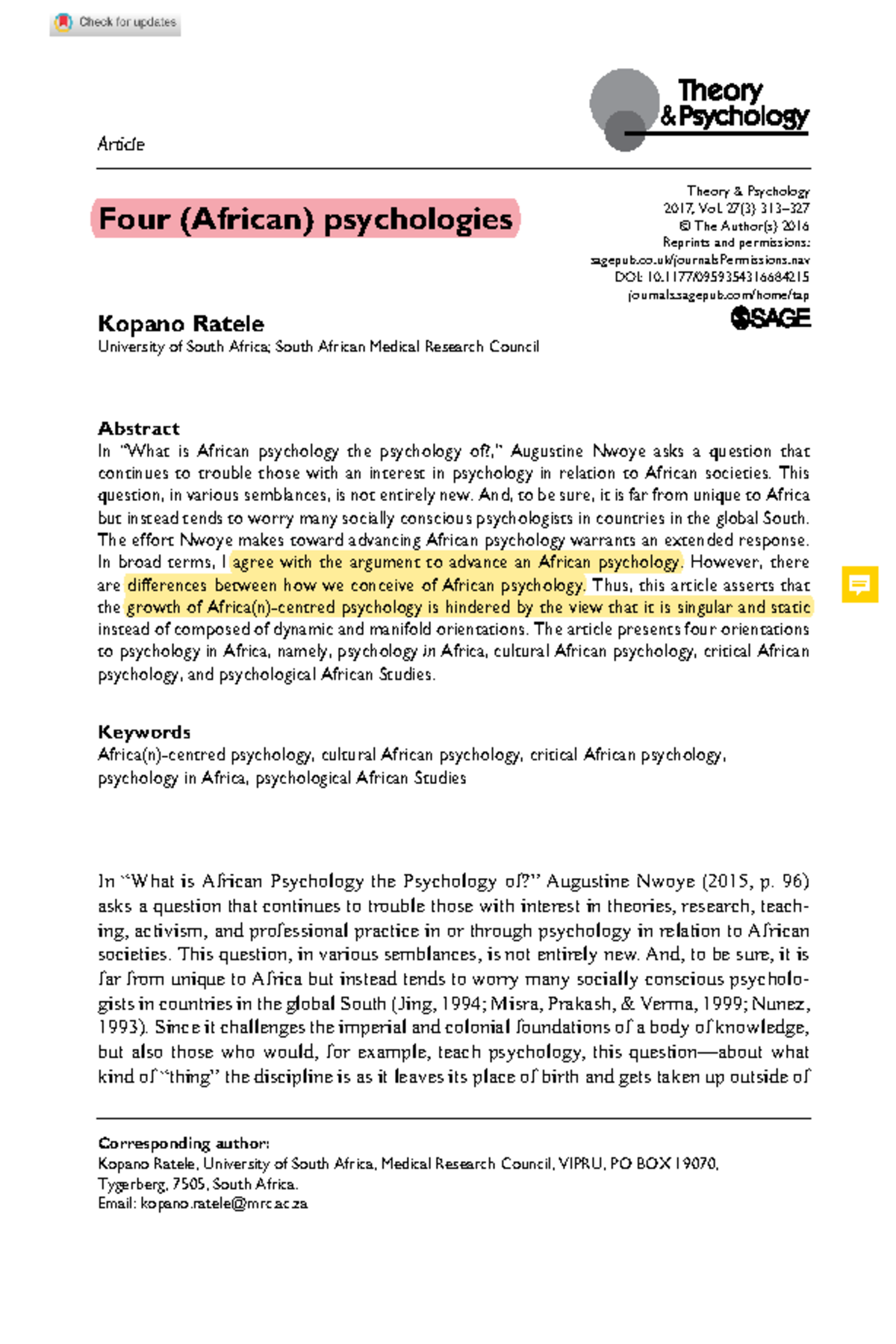 Week 1 Reading 1 Four African Psychologies - doi/10/ Theory ...