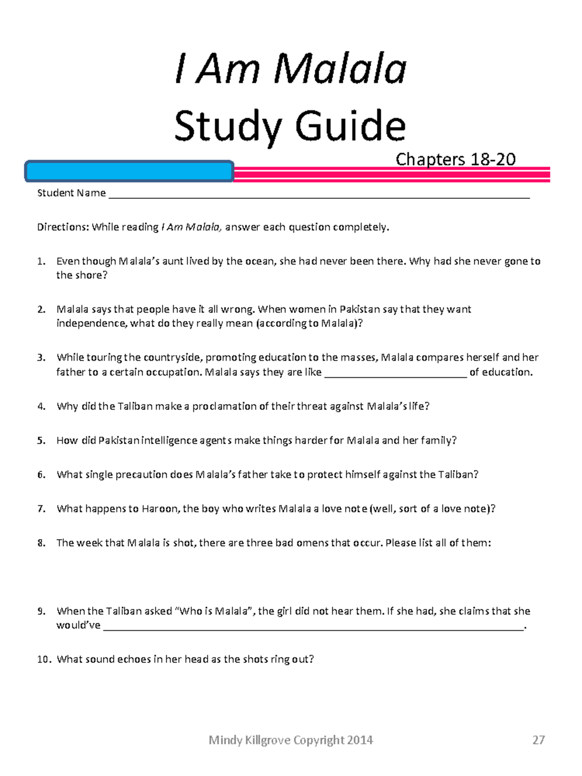 I Am Malala ch 18-20 - I Am Malala Study Guide Mindy Killgrove ...