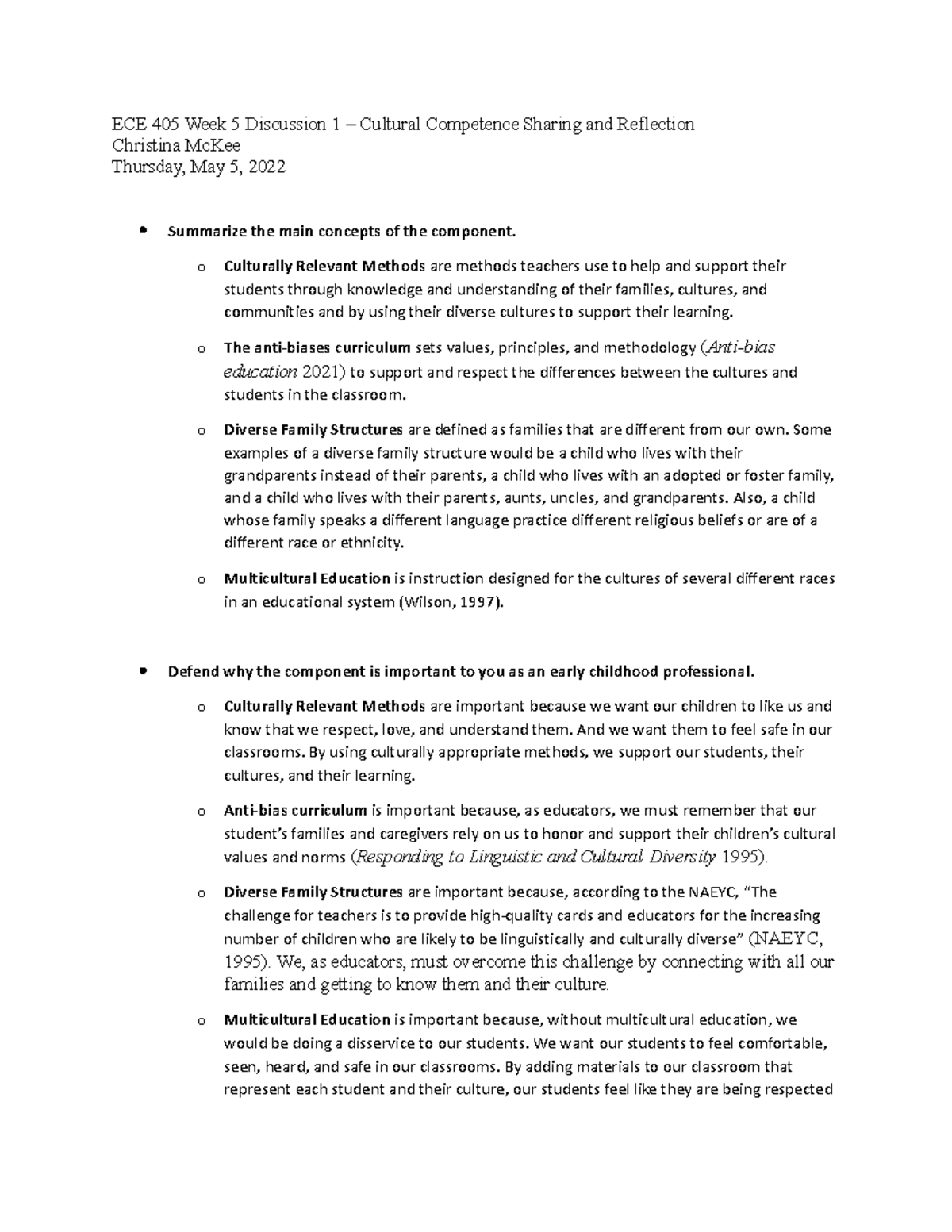 ECE 405 Week 5 Discussion 1 – Cultural Competence Sharing and ...