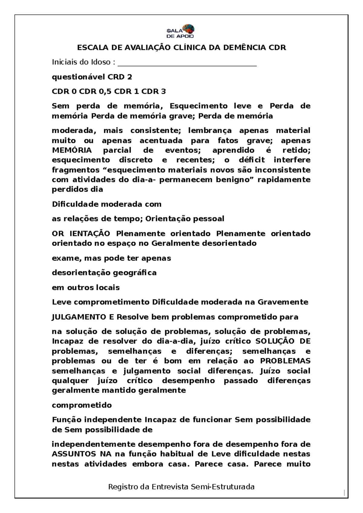 Escala DE Avaliação Clínica DA Demência CDR - | ESCALA DE AVALIAÇÃO ...