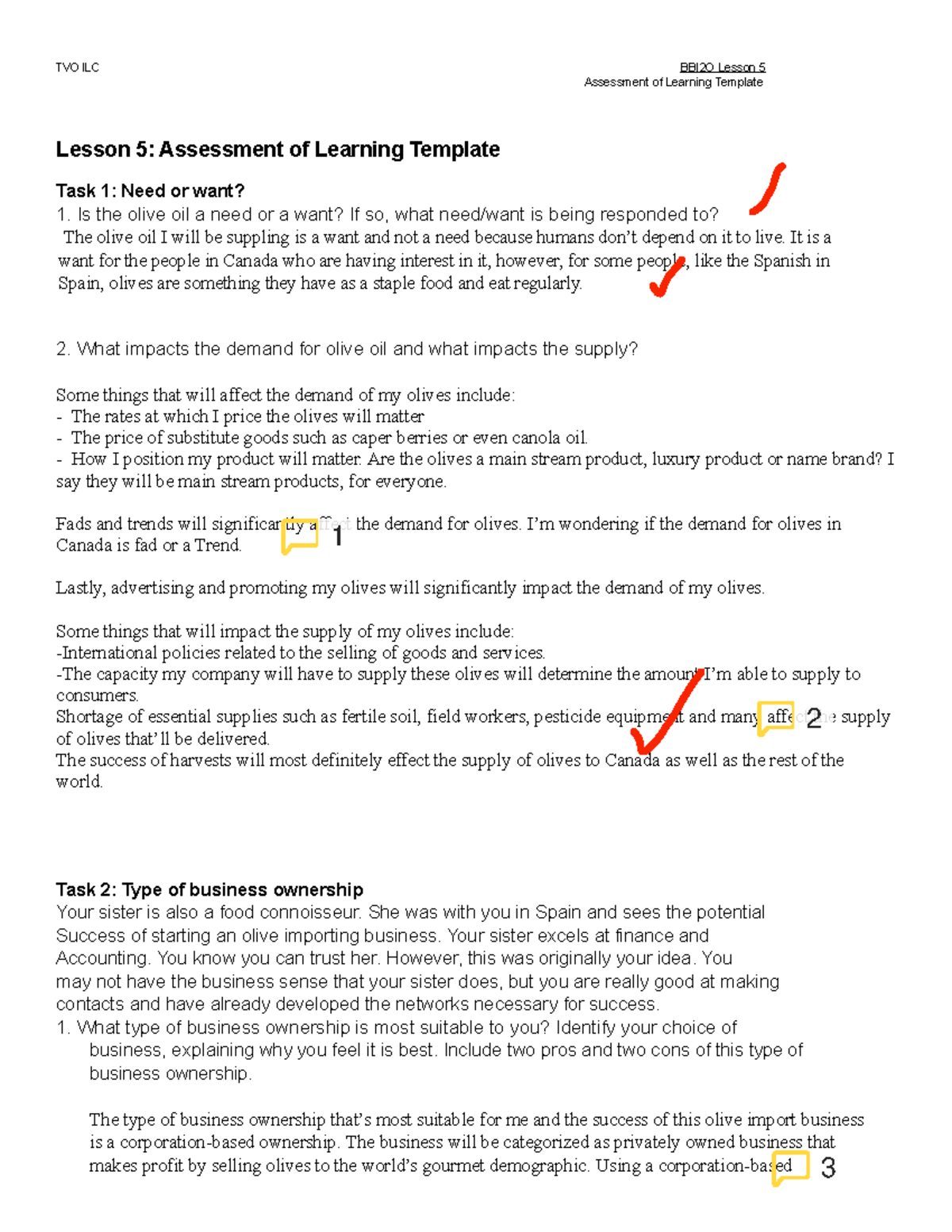 Business Unit 1 assessment marked - TVO ILC BBI2O Lesson 5 Assessment of Learning Template ...