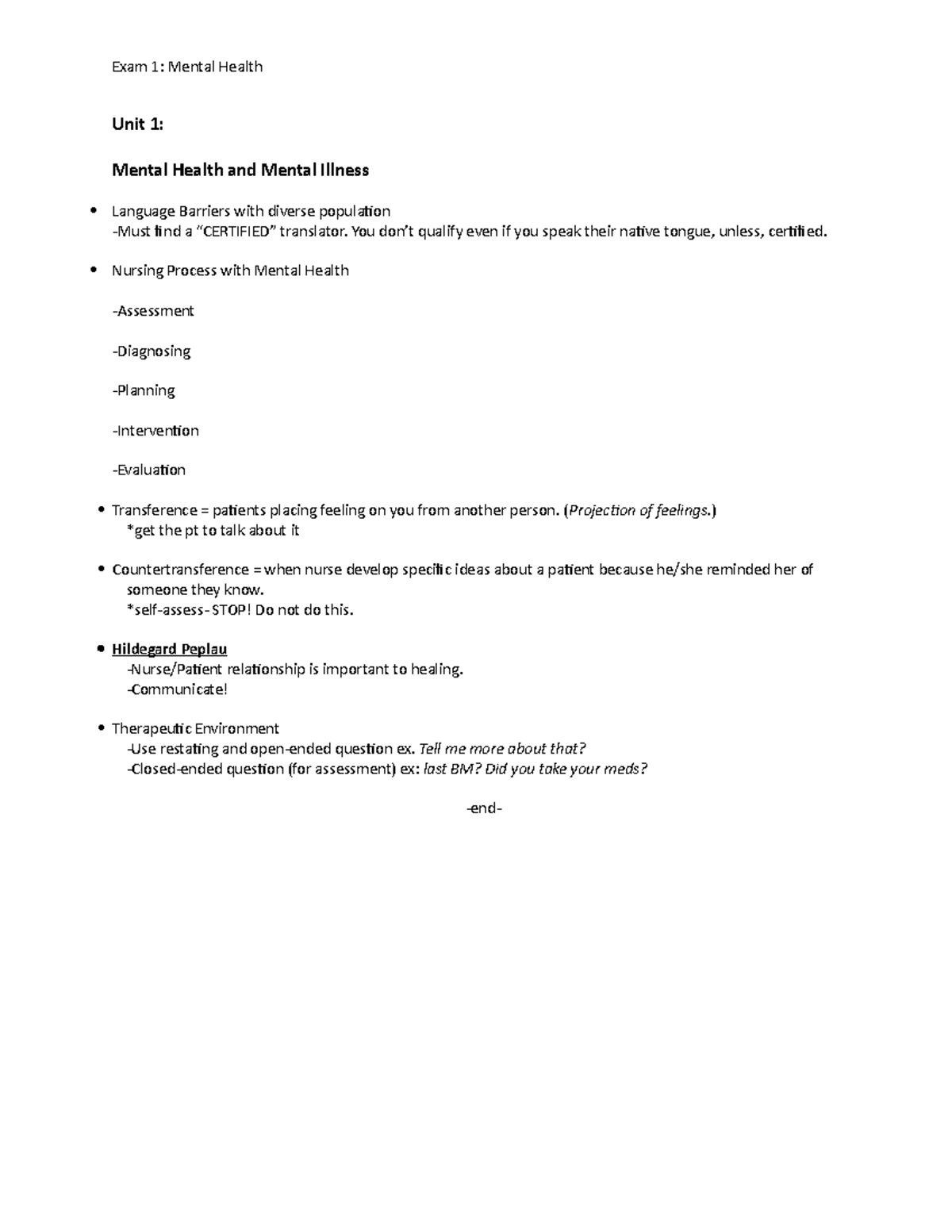 EXAM 1 - Mental Health Notes - Exam 1: Mental Health Unit 1: Mental ...
