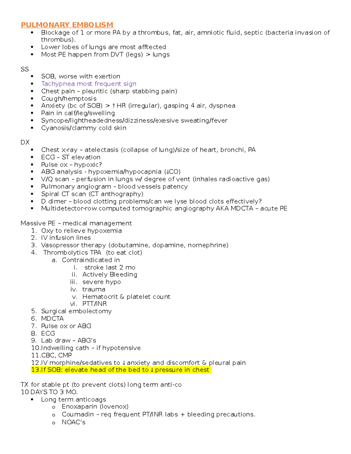 Exam2resp - NOTES - PULMONARY EMBOLISM Blockage of 1 or more PA by a ...