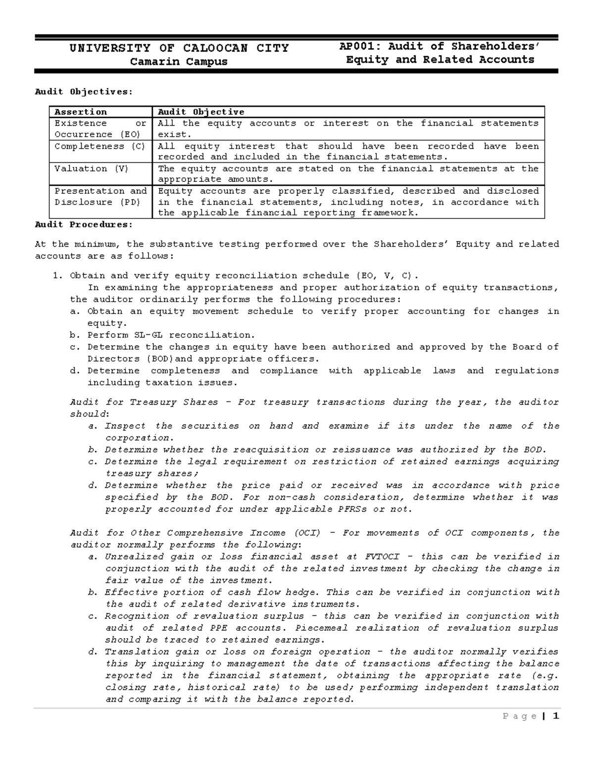 AP0001 Audit of Shareholders Equity - UNIVERSITY OF CALOOCAN CITY ...