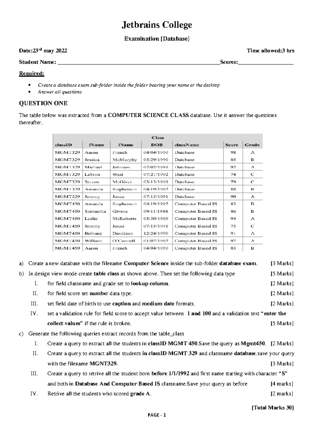 Database examination - PAGE - 1 Jetbrains College Examination [Database] Date:23rd may 2022 Time ...