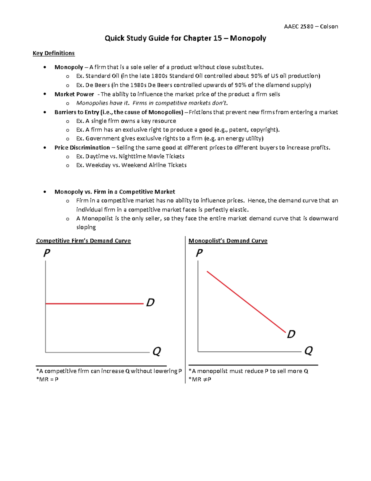 Quick Study Guide for Chapter 15 - AAEC 2580 – Colson Quick Study Guide for Chapter 15 ...