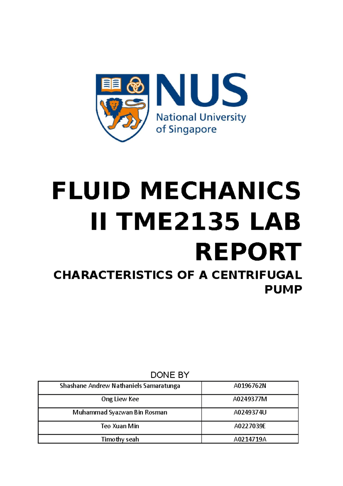 TME2145 Lab Report (Group Project) - FLUID MECHANICS II TME2135 LAB ...