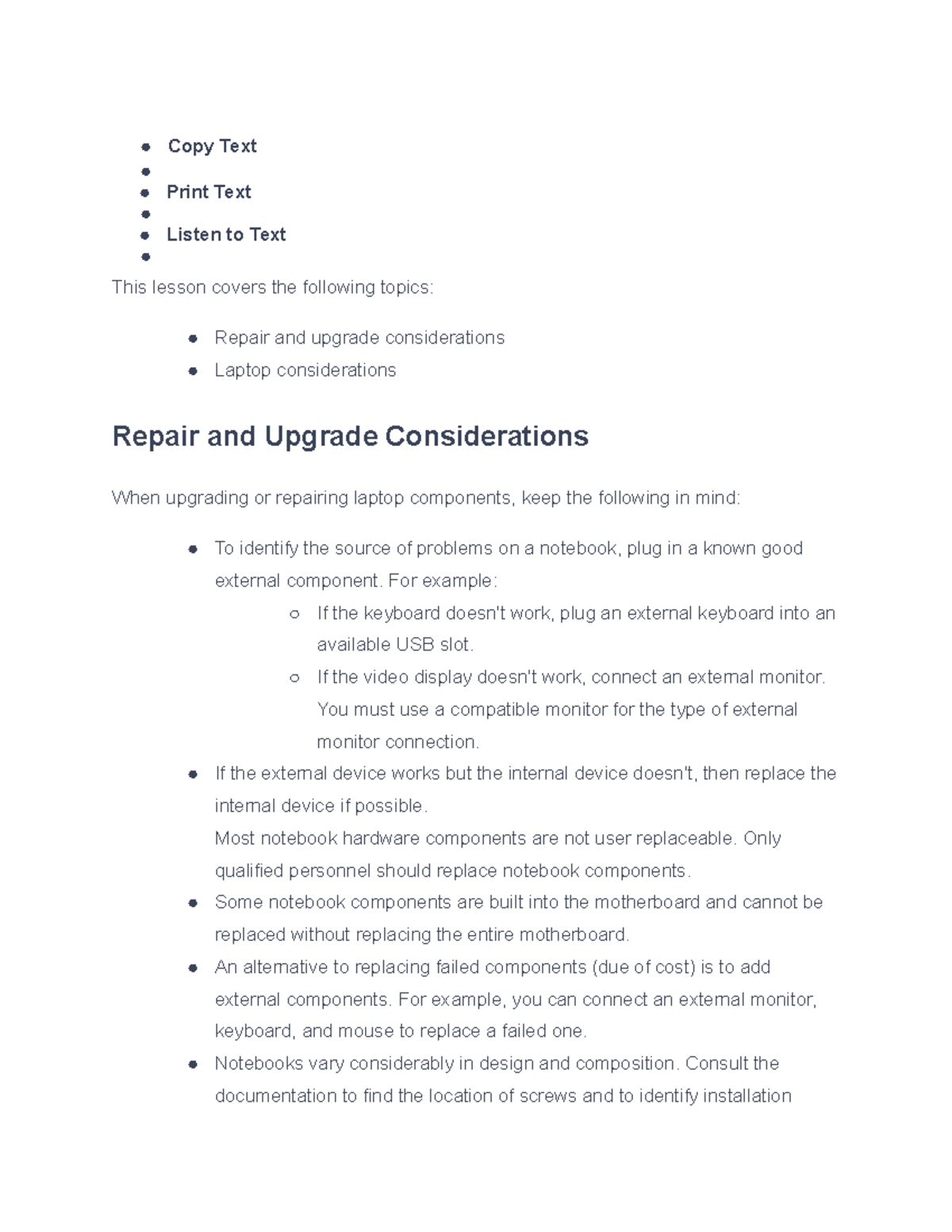 12.1.9 Laptop Upgrade and Repair Facts - Copy Text Print Text Listen to ...